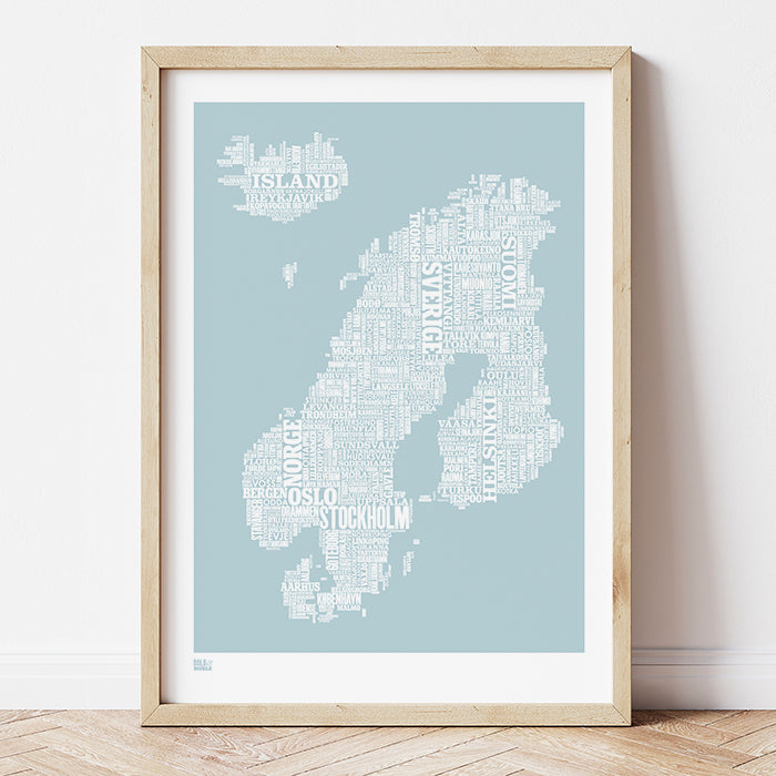 'Nordic Europe' Type Map Print in Duck Egg Blue – Bold & Noble
