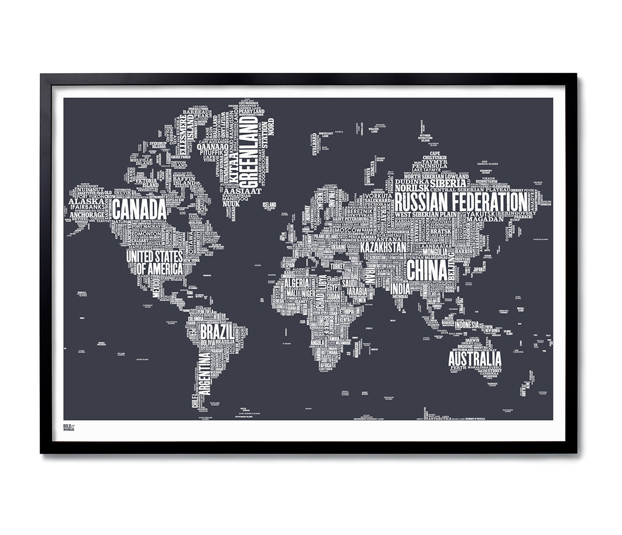 'World' Type Map Print in Sheer Slate – Bold & Noble
