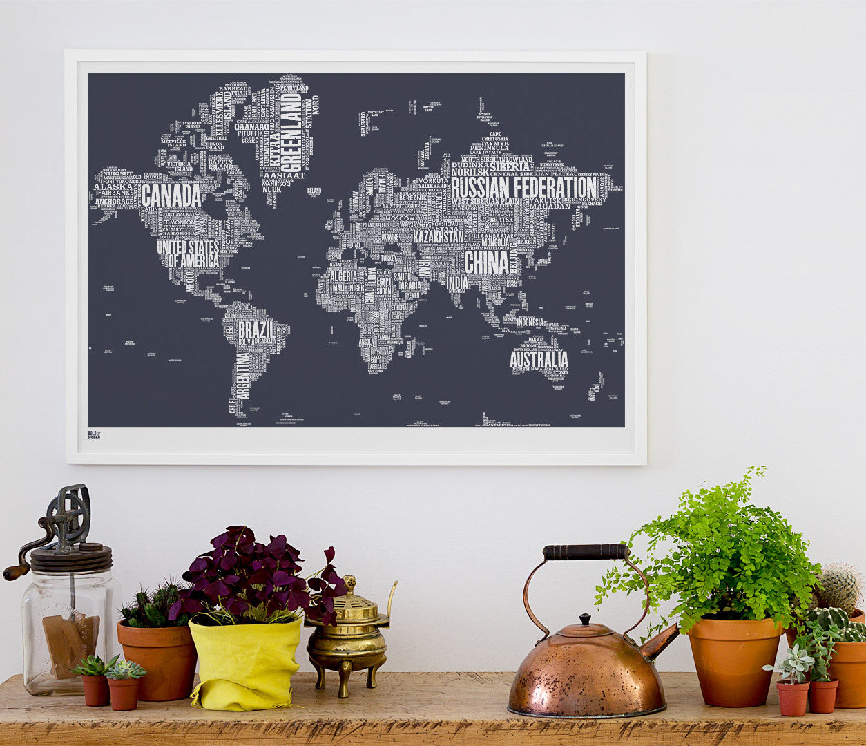 'World' Type Map Print in Sheer Slate – Bold & Noble