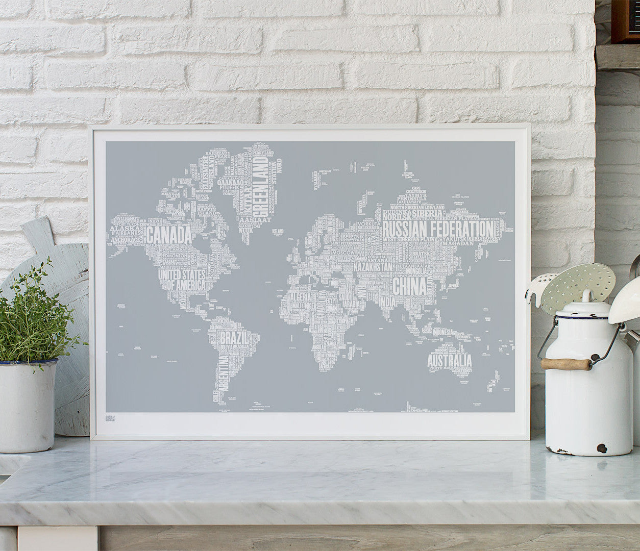 'World' Type Map Print in Warm Grey – Bold & Noble